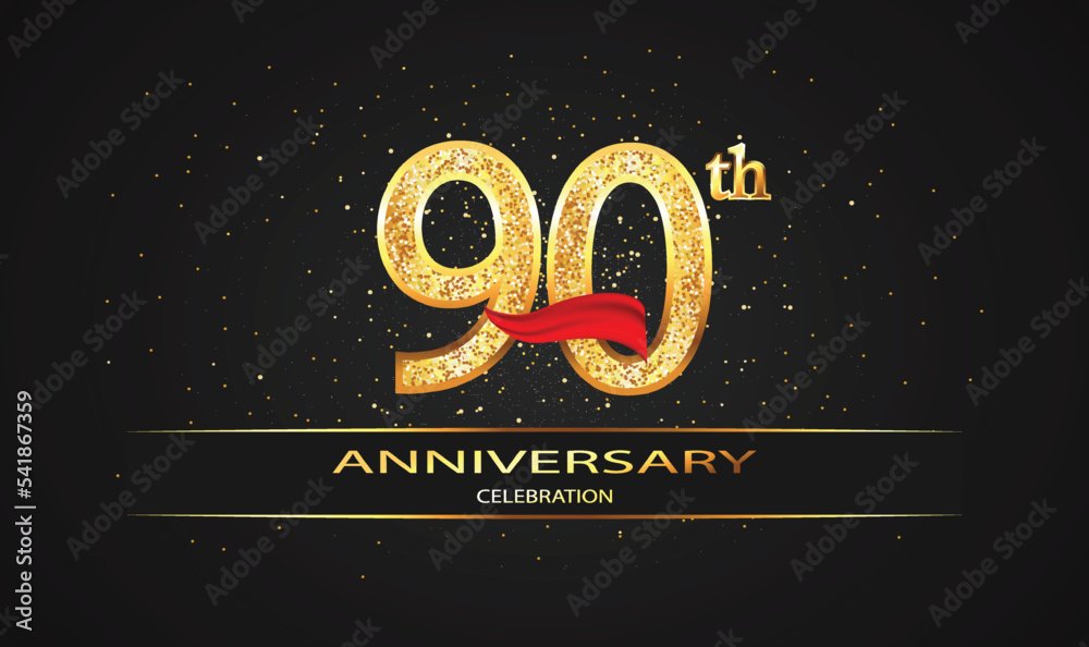 90 Year Anniversary celebration Vector Design with red ribbon and ...