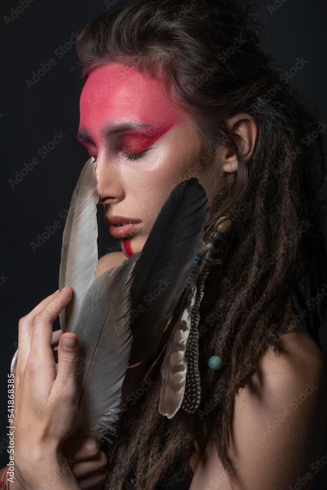 Ethnicity, tribe, make-up concept. Beautiful native American Indian ...