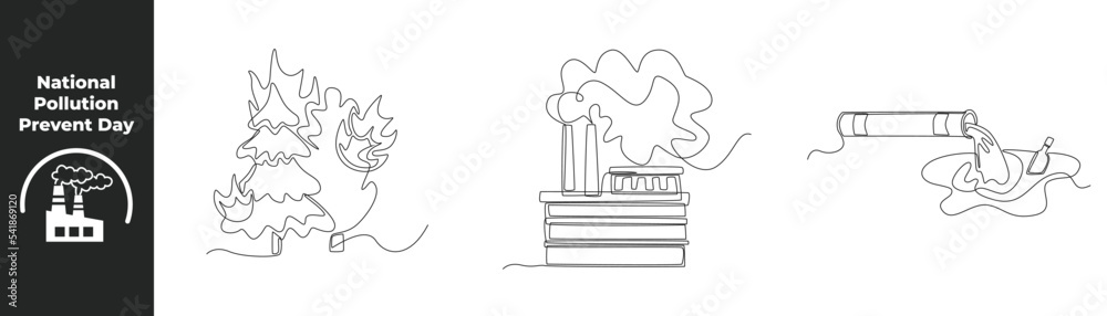 Continuous one line drawing national pollution prevent day concept set ...