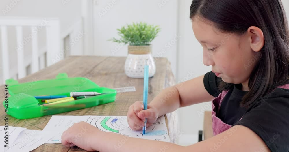 Art, education and drawing with a student girl doing homework or being ...