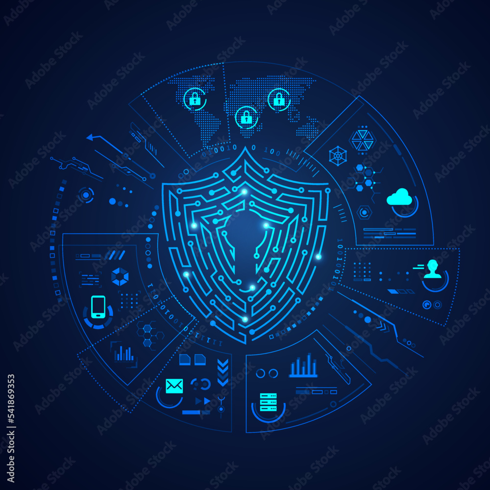 concept of data protection technology, shape of a shield with digital ...