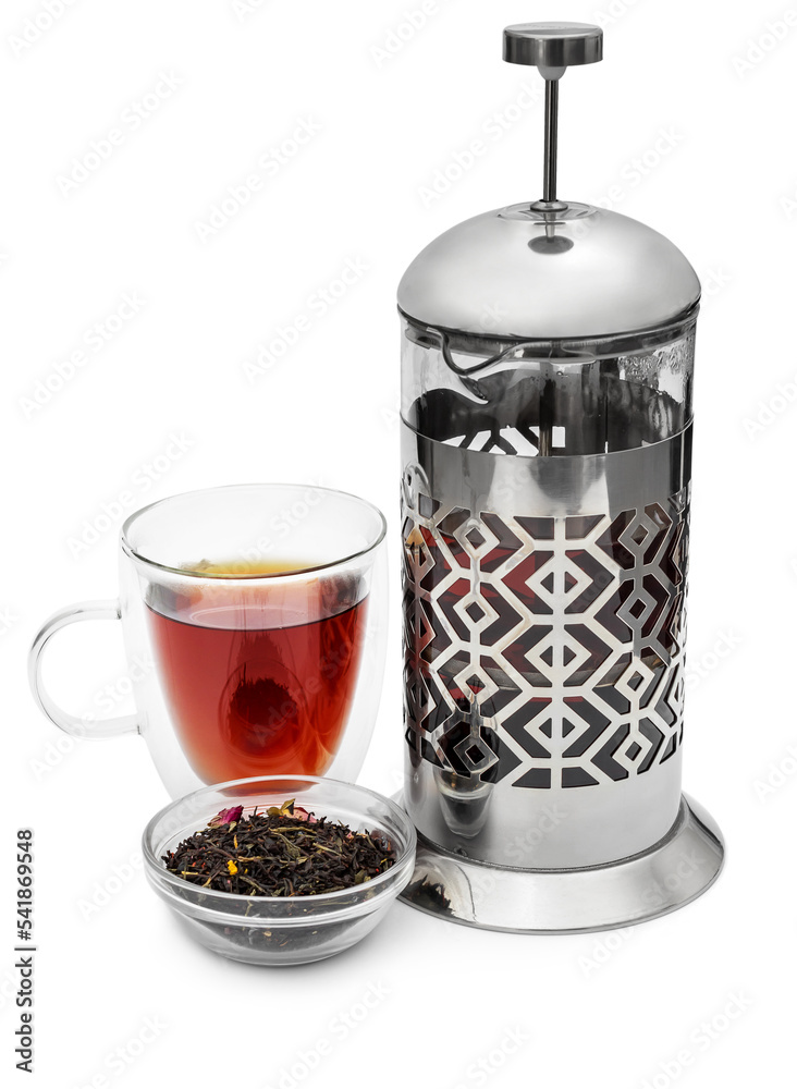 Cup of tea with dry tea and teapot. Isolated on white. Tea brewed ...