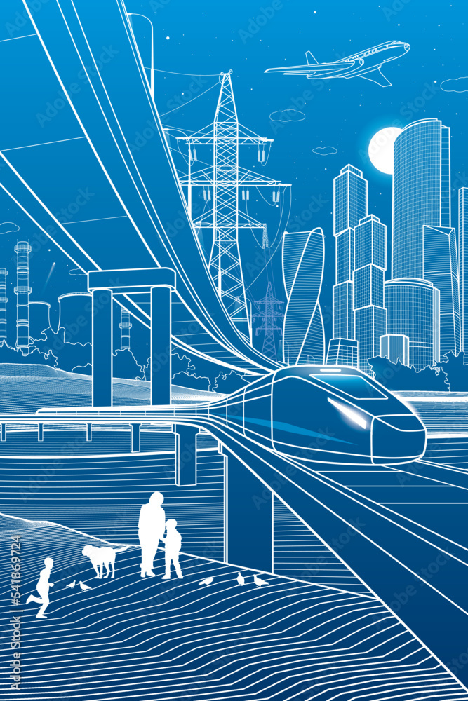 Outline city illustration. Railroad bridge. Car overpass. Train rides ...