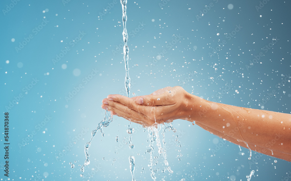 Abstract water, splash and woman cleaning hands . Clean flow eco ...