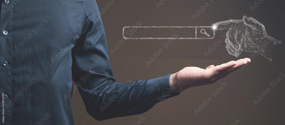 The hand clicks on the search engine from the web. Stock Photo | Adobe ...