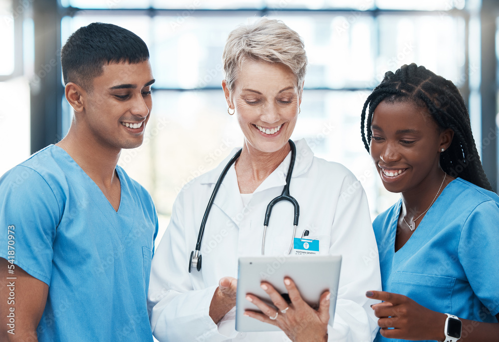 Medical teamwork, digital tablet and collaboration of doctors, nurse ...