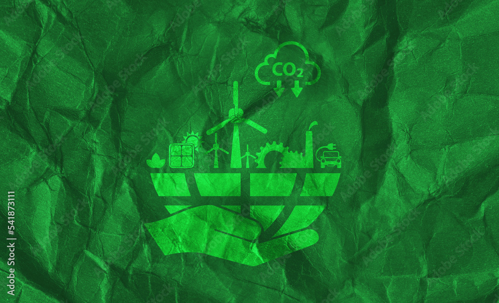 reducing CO2 emissions to stop climate change. green energy background ...