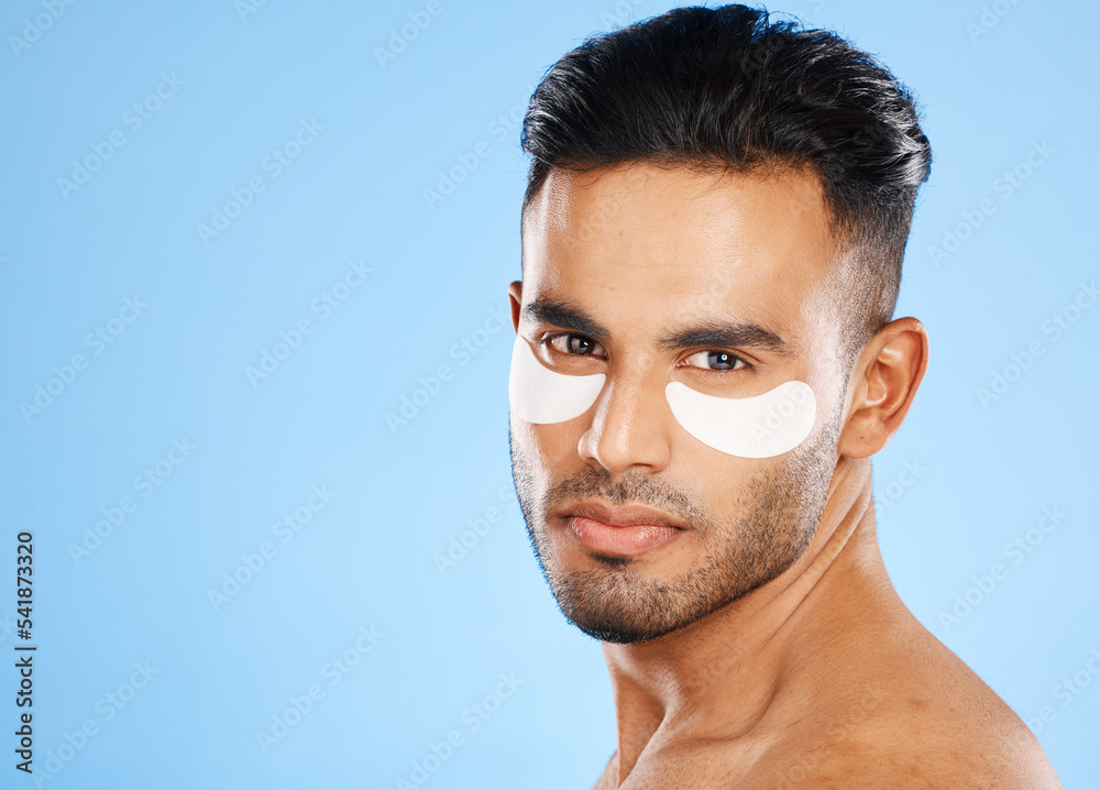 Skincare, eyes patch and man portrait of beauty product, body cosmetics ...