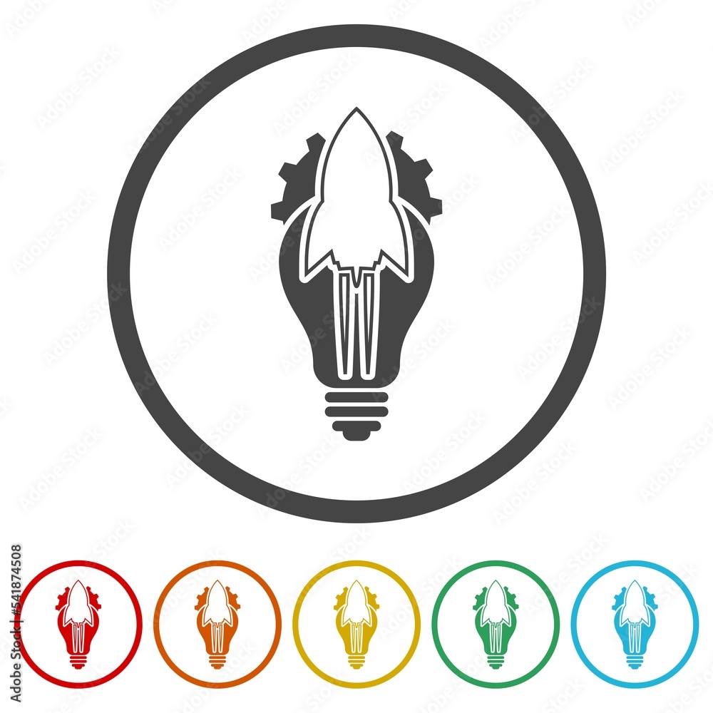 Light bulb gear and rocket icon. Set icons in color circle buttons ...
