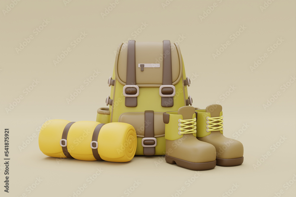 Travel backpack with camping equipment, hiking shoes, elements for ...