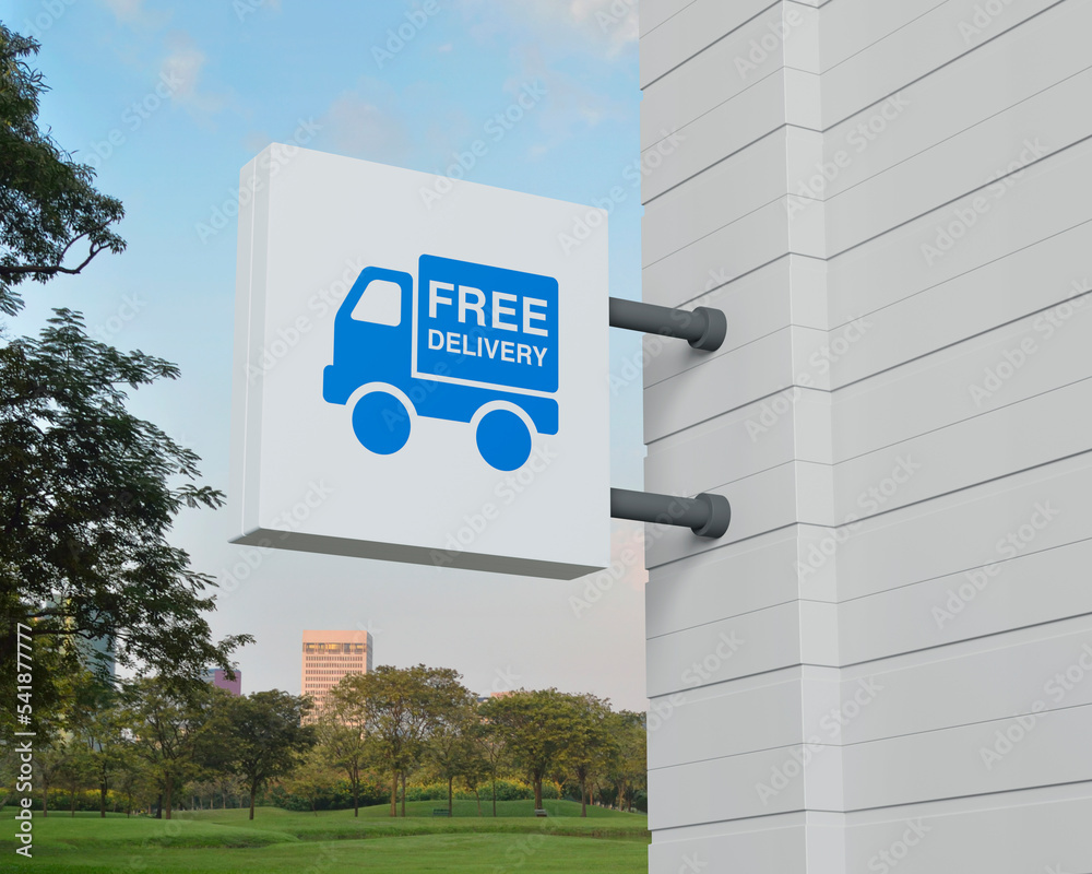 Free delivery truck icon on hanging white square signboard over green ...