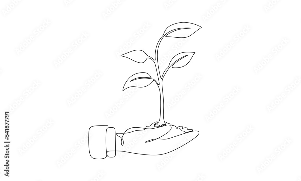 One line drawing of sprout in hand. Continuous line growing plant in ...