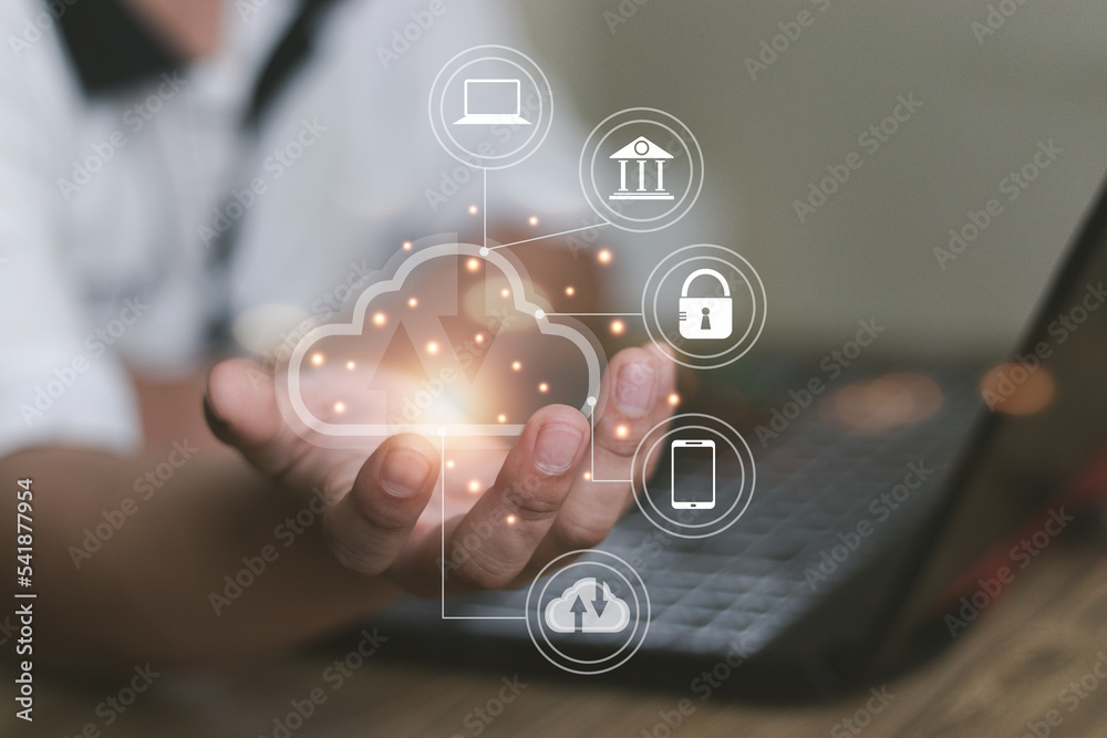 Man using computer showing cloud computing diagram in hand. cloud ...