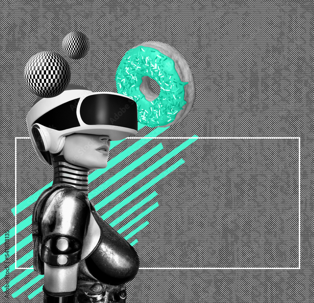 female cyborg with VR headset - metaverse text box editorial - social ...