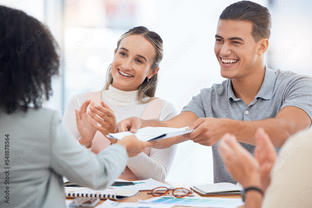 Promotion, meeting and congratulations applause for woman, marketing ...