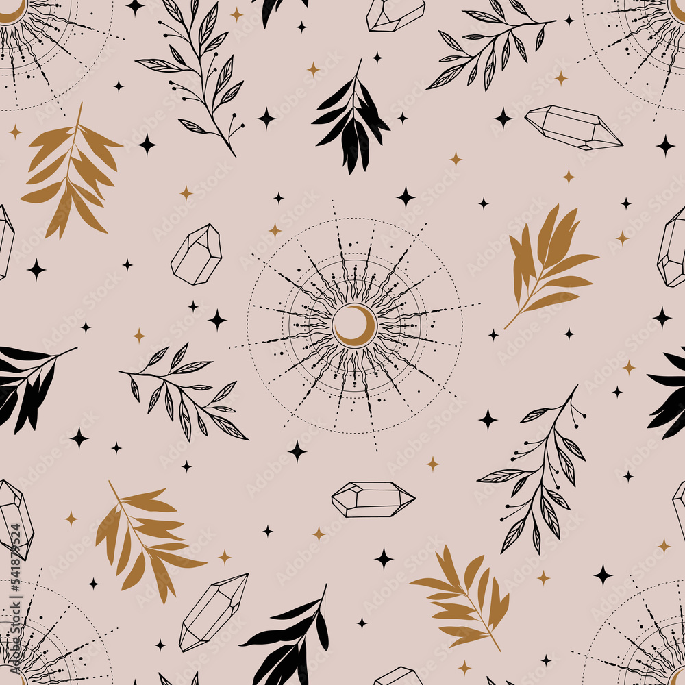 Vector magic seamless pattern with crystals, sun, moon, plants stars ...
