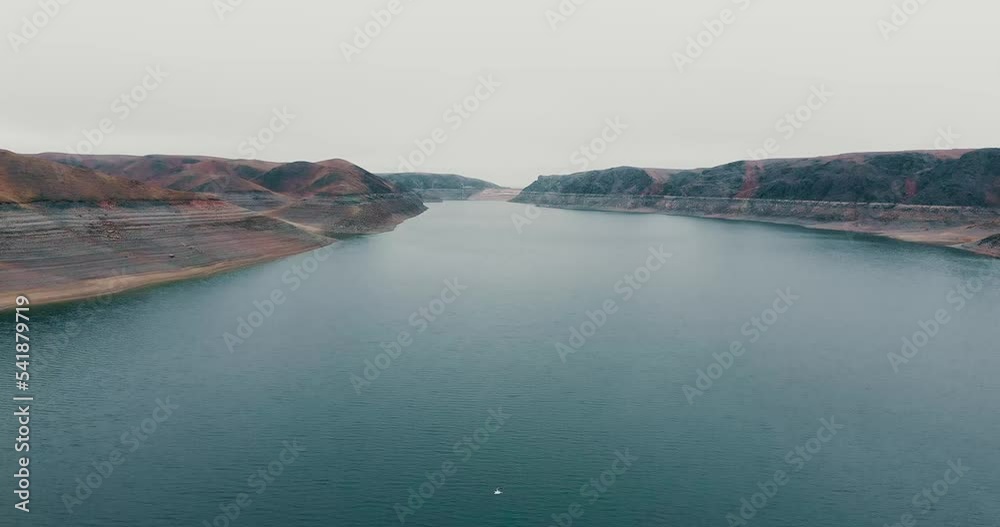 Canyon and river aerial top down drone view. Mountain cliff and hill ...