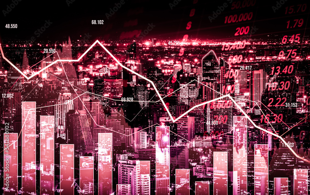 Stock market crash, declined economic, graph falling down and digital ...