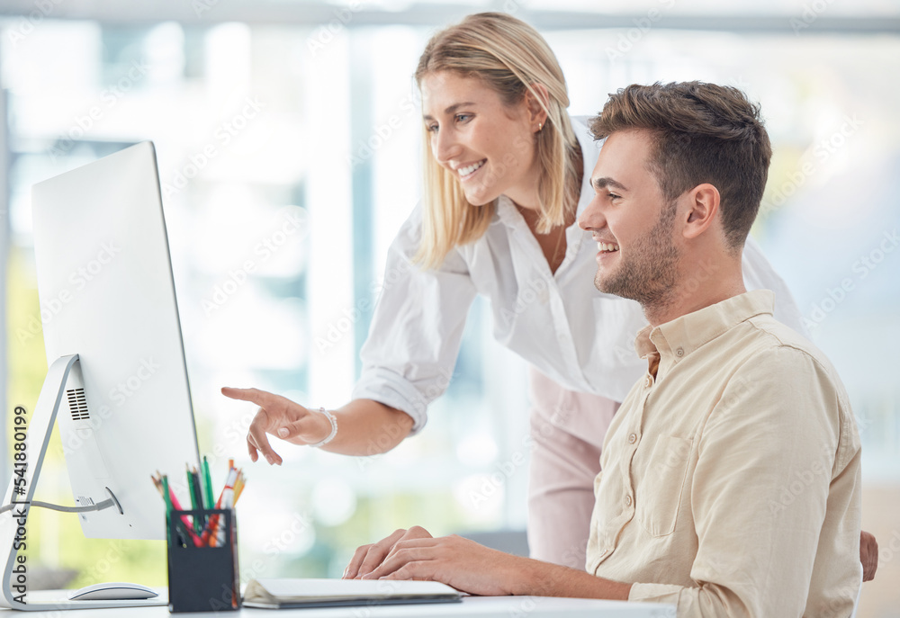 Training, computer and business people planning in partnership ...