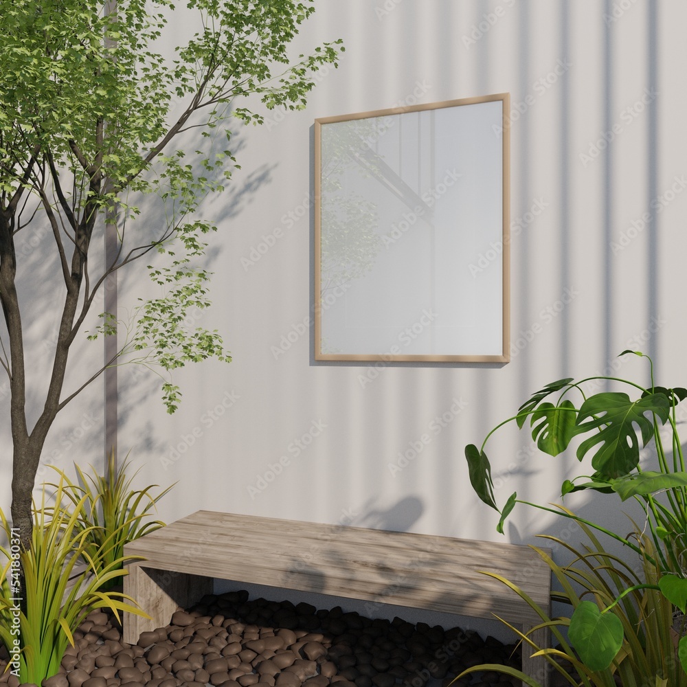 Outdoor picture frame simulates a garden terrace with a large tree in ...