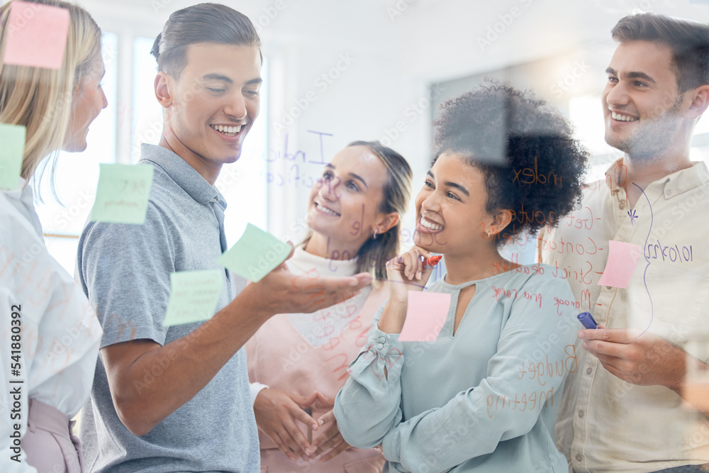 Sticky note, strategy and teamwork of business people in office on ...