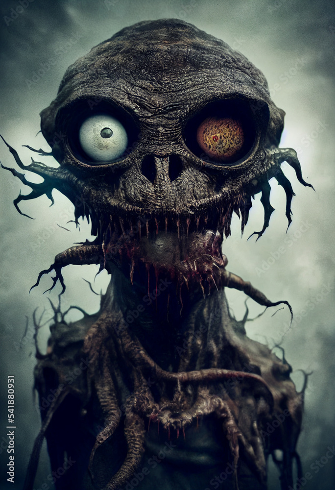 Portrait of a scary monster alien. Nightmare alien monster looking at ...
