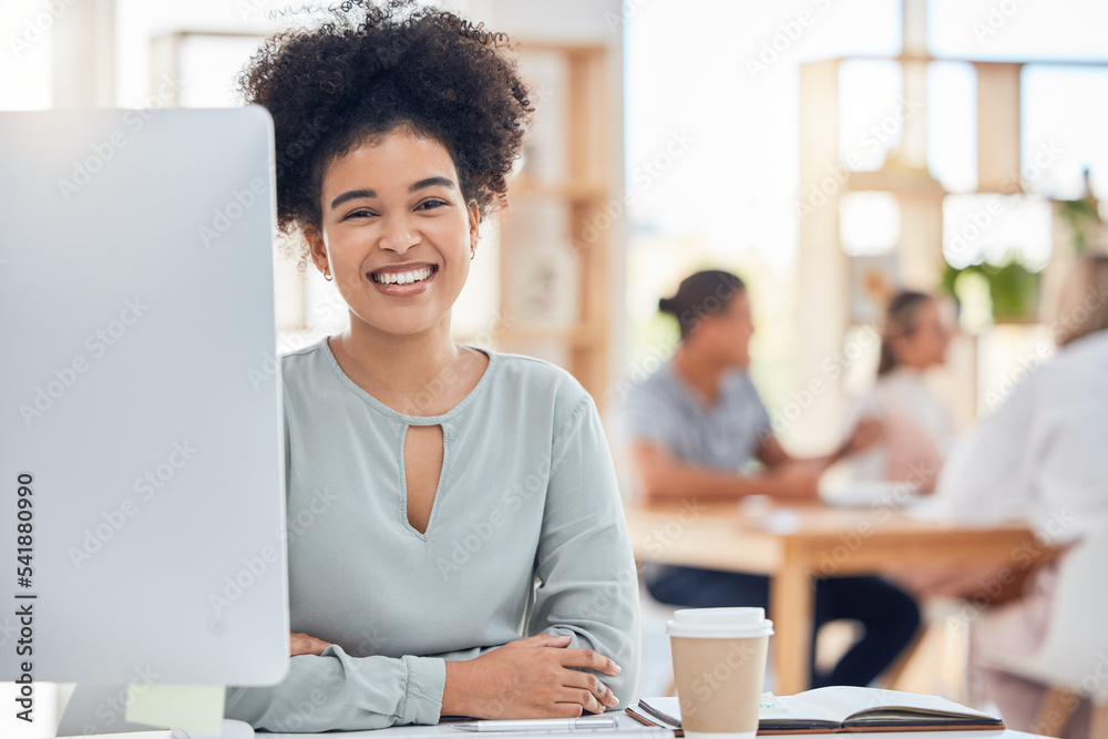 Happy, satisfied and confident with a black woman in business sitting ...