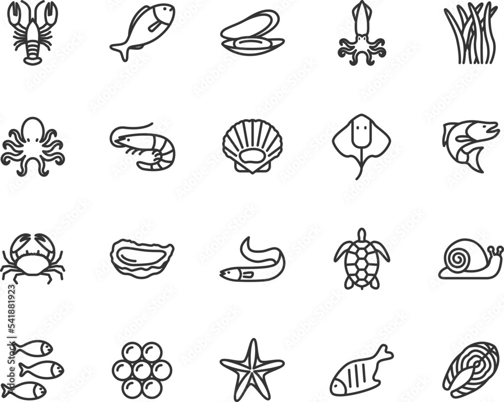 Vector set of seafood line icons. Contains icons fish, lobster, crab ...