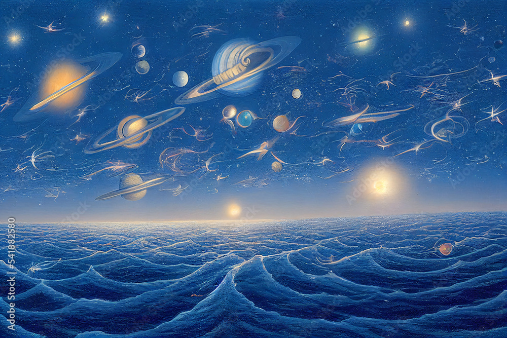 Sky full of planets and galaxies above the ocean Stock Illustration ...