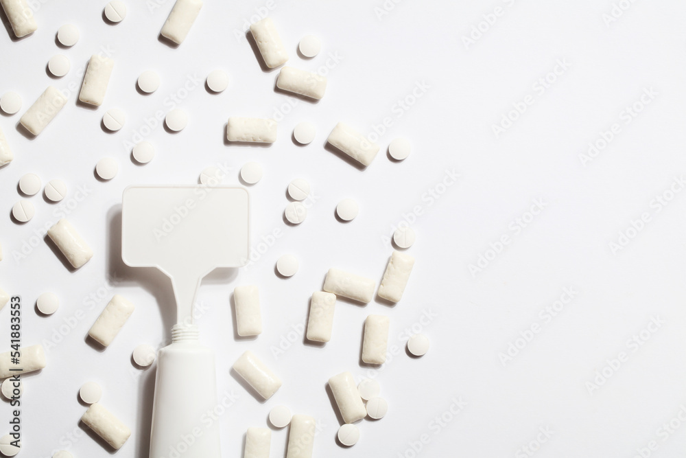 Titanium dioxide, E171, dangerous additive concept. gum, pills ...