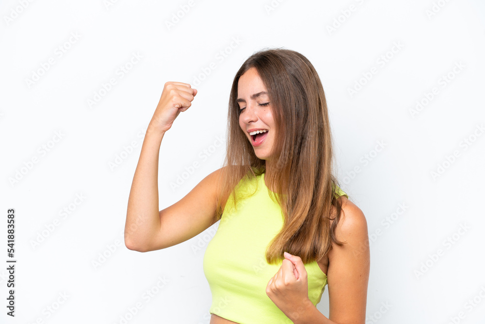 Young caucasian woman isolated on white background celebrating a ...