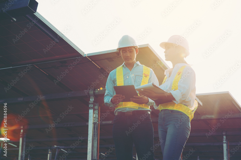 Inspector engineering concept; Engineer inspect solar panel at solar ...