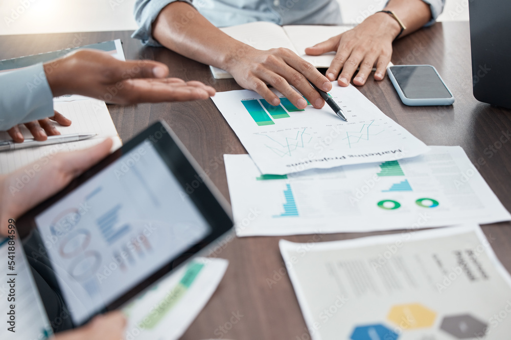 Business meeting, analytics and sales documents growth performance projection, digital strategy ...