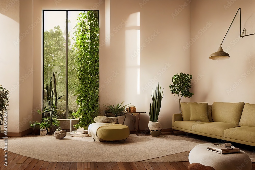 Desert style home with huge window and plants interior design ...