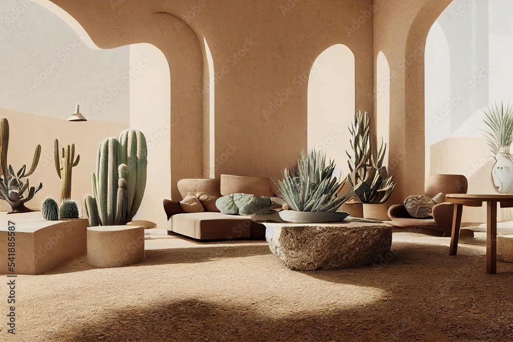 Desert style home with cactus on stone table interior design ...