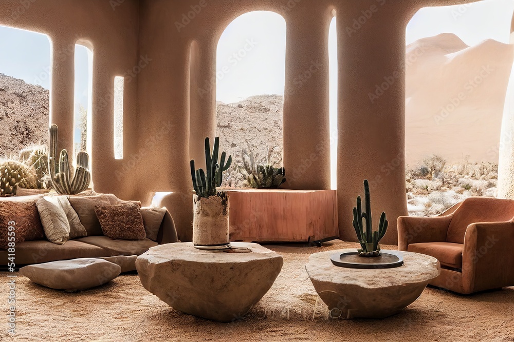 Desert style living room without windows interior design illustration ...
