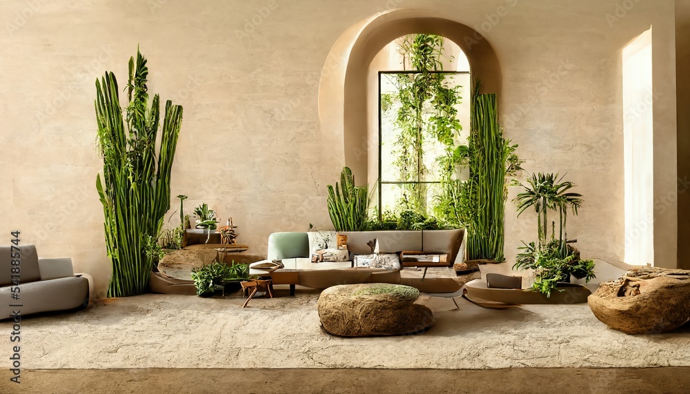 Desert style home interior with huge window and plants design ...