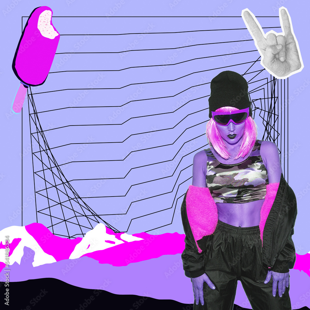 Contemporary digital collage art. Fall winter fashion style. Snowboard ...