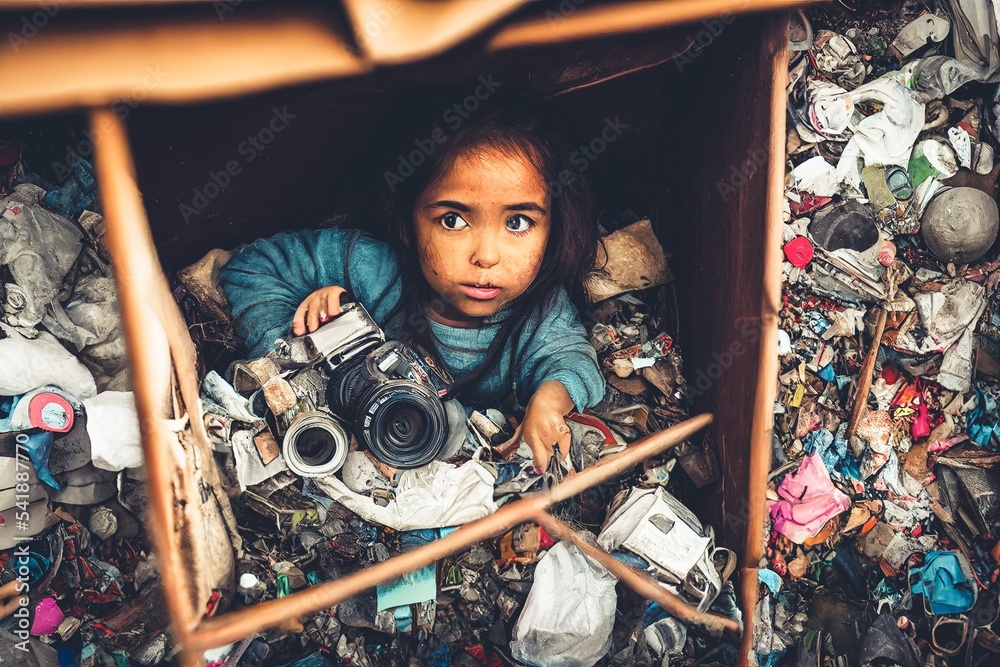 3D illustration of little girl in garbage waste landfill spectacular ...