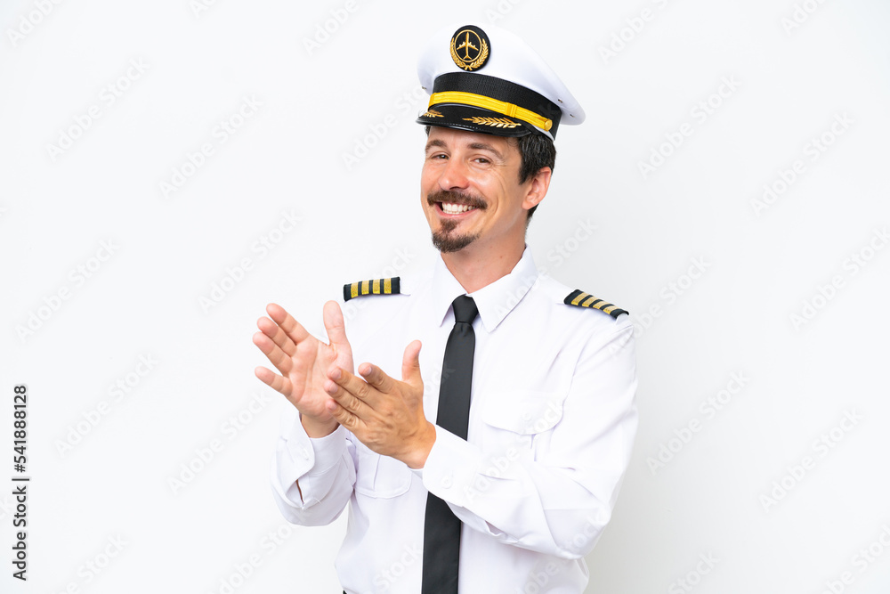 Airplane caucasian pilot isolated on white background applauding after ...