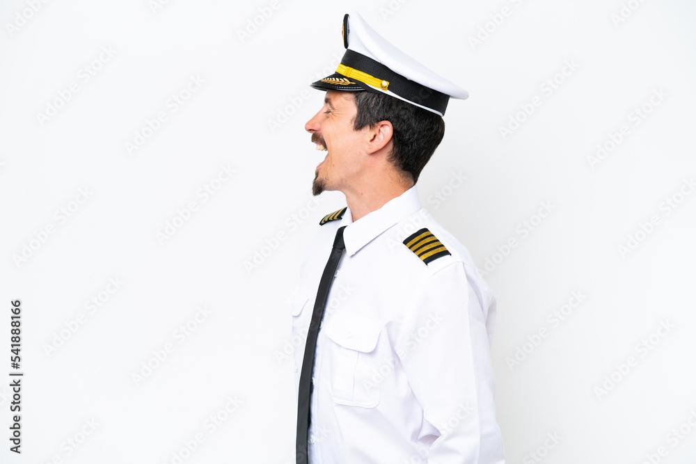 Airplane caucasian pilot isolated on white background laughing in ...