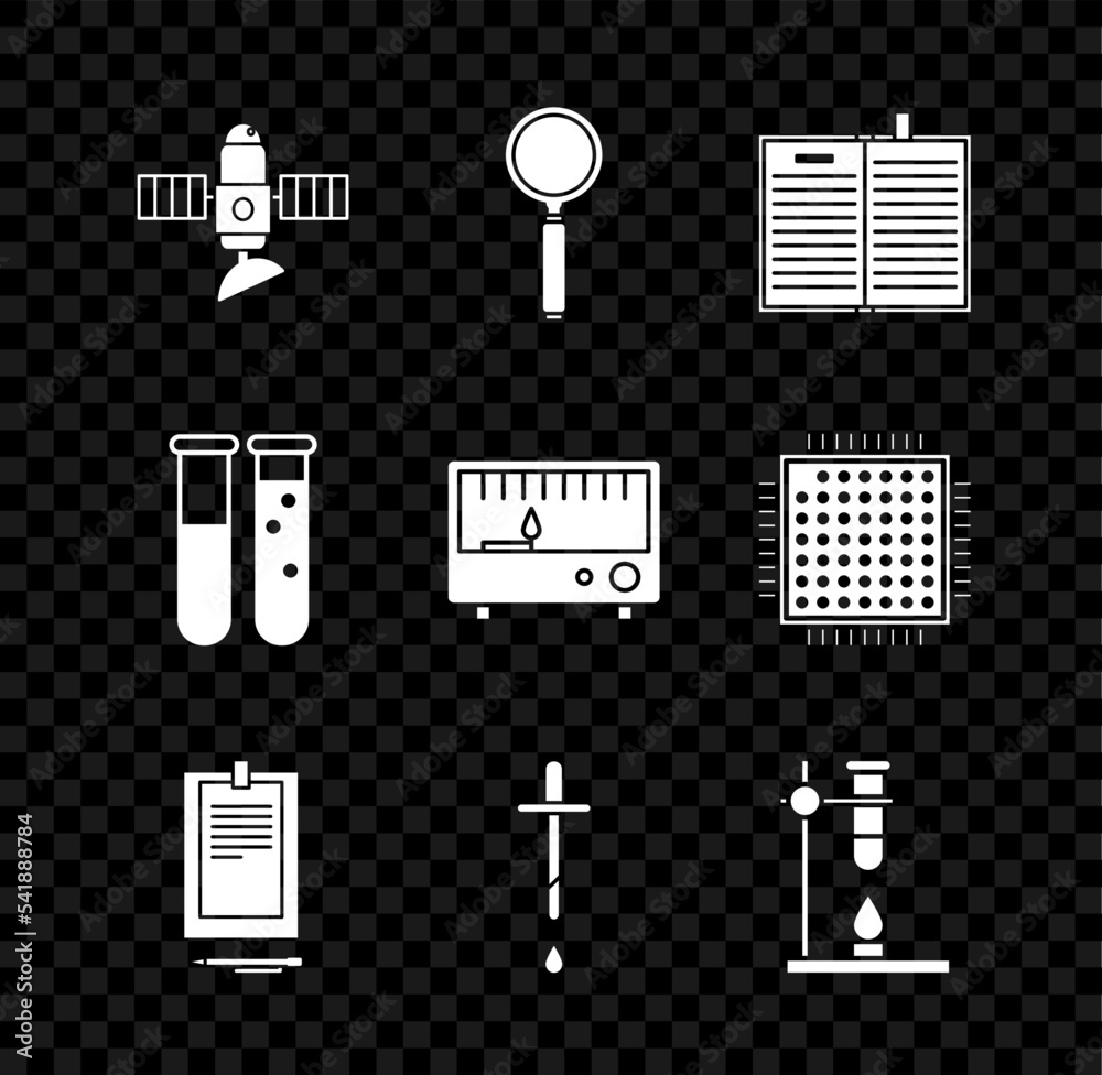 Set Satellite, Open science book, Clipboard with document, Pipette ...