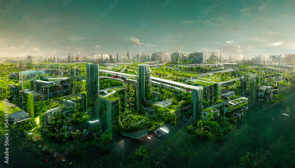 Spectacular eco-futuristic cityscape full with greenery, skyscrapers, parks, and other manmade ...