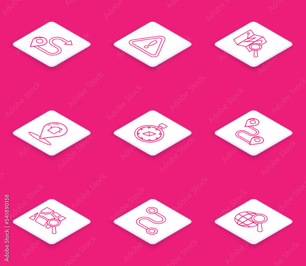 Set line Route location, Exclamation mark in triangle, Folded map with ...