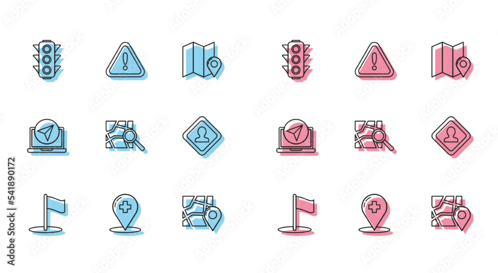 Set line Flag, Medical map pointer with cross hospital, Traffic light ...