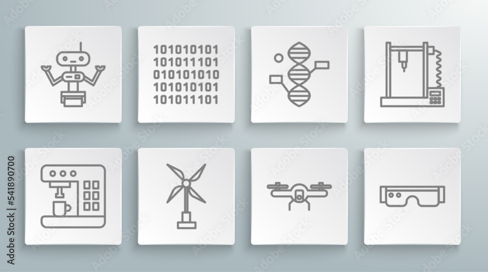Set line Coffee machine, Binary code, Wind turbine, Drone flying, Smart ...