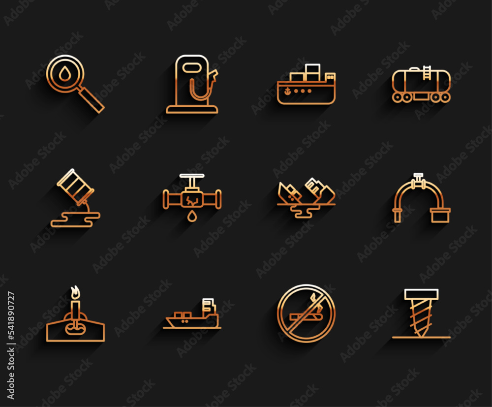 Set line Oil rig with fire, tanker ship, drop, No Smoking, Rotating ...