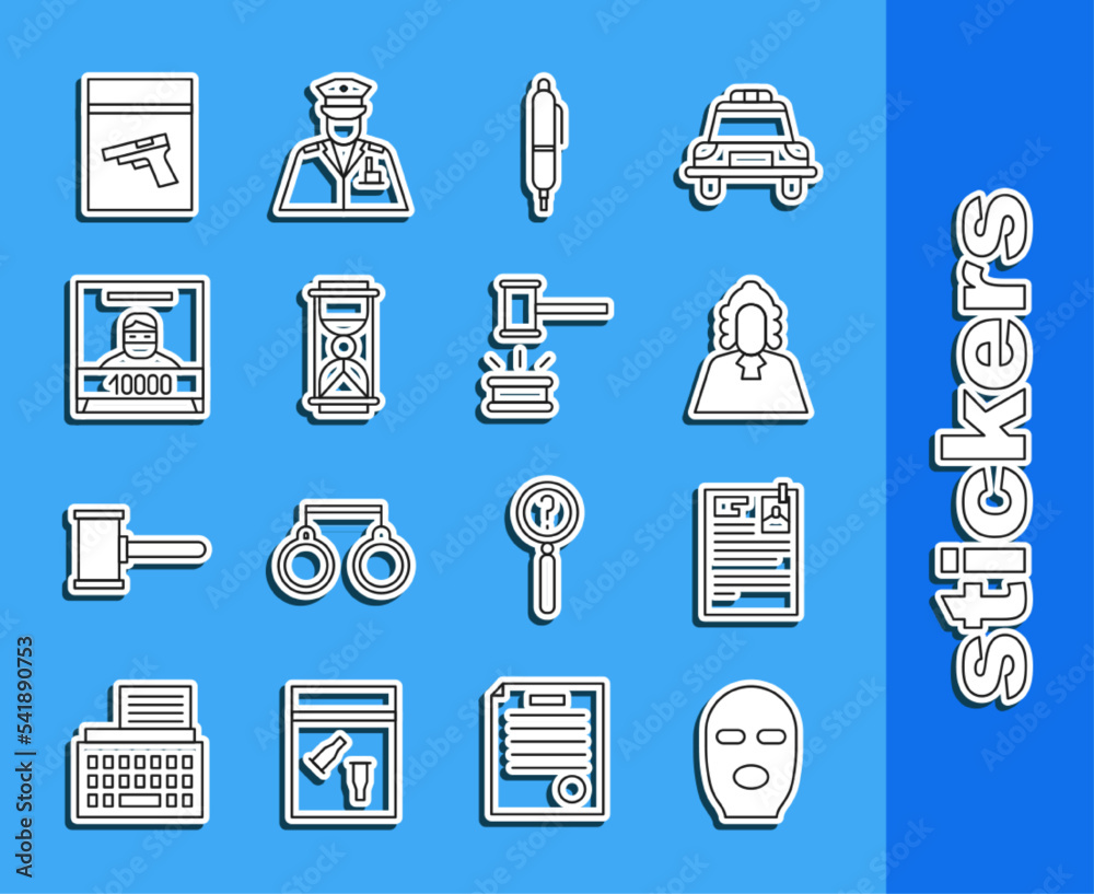 Set line Thief mask, Lawsuit paper, Judge, Pen, Old hourglass with sand ...