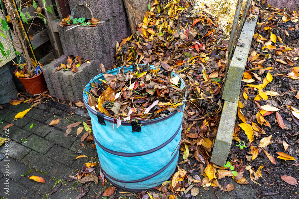 Laub auf einem Kompost im Garten Stock-Foto | Adobe Stock