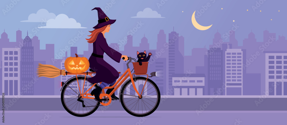 Witch riding a bicycle at Halloween Stock-Vektorgrafik | Adobe Stock